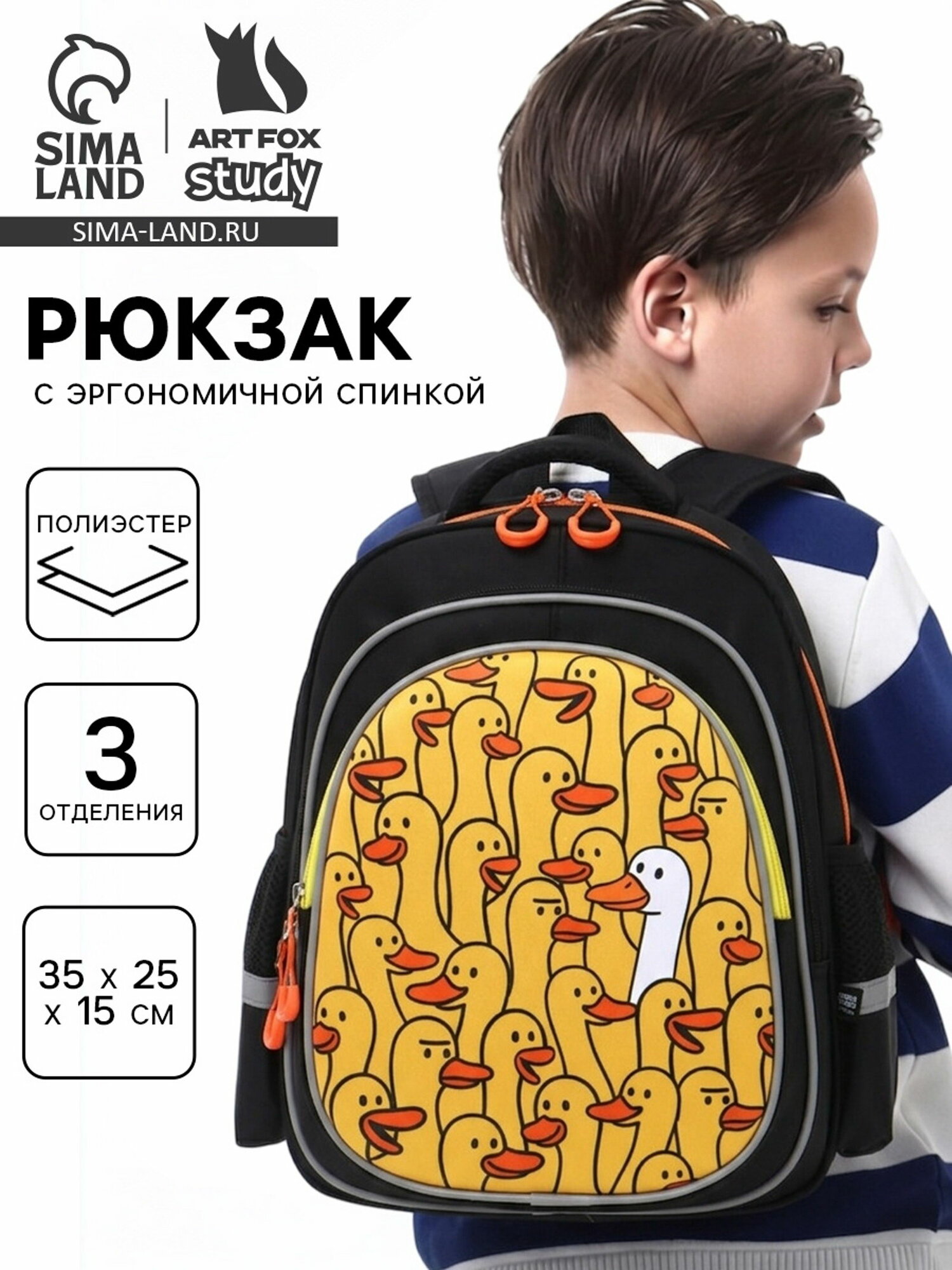 Рюкзак школьный, с эргономичной спинкой, 3 отделения, средний "Гуси"