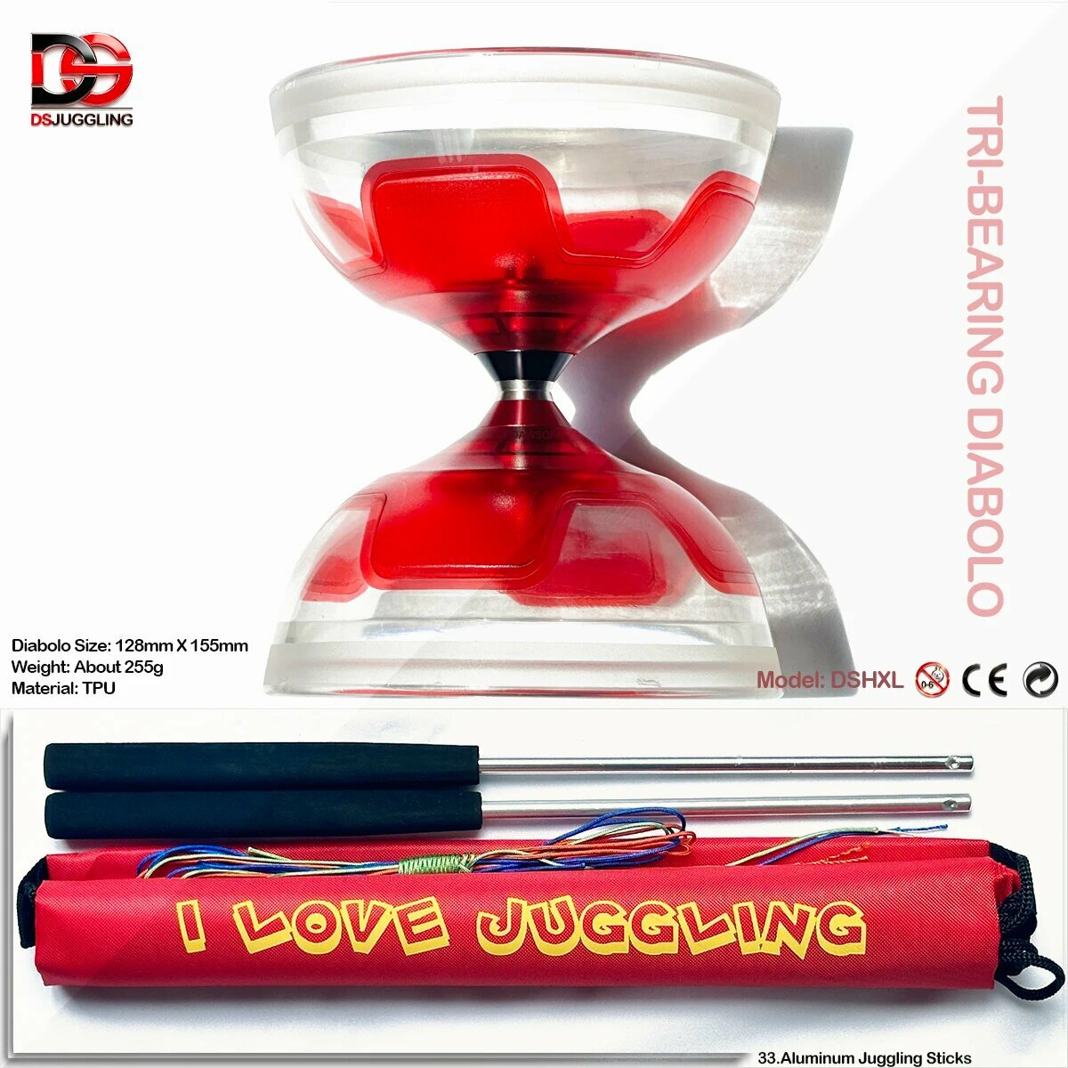 Диаболо DSJUGGLING Red 33, пластик, набор для жонглирования