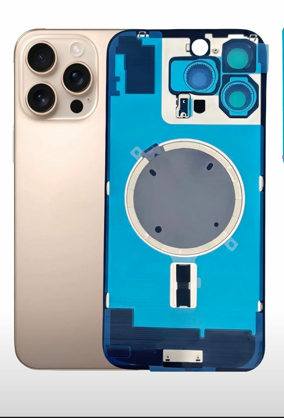 Задняя крышка для iPhone 16 Pro Max (A3296) в сборе со стеклом камеры Бежевый (стекло, монолит, MagSafe, логотип) - Премиум