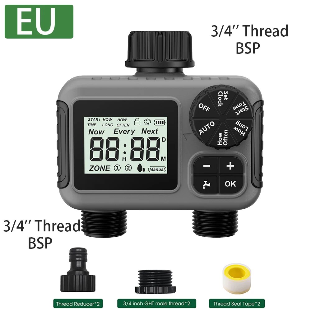 Автоматический таймер полива 2 канала, 3/4" BSP, EU version