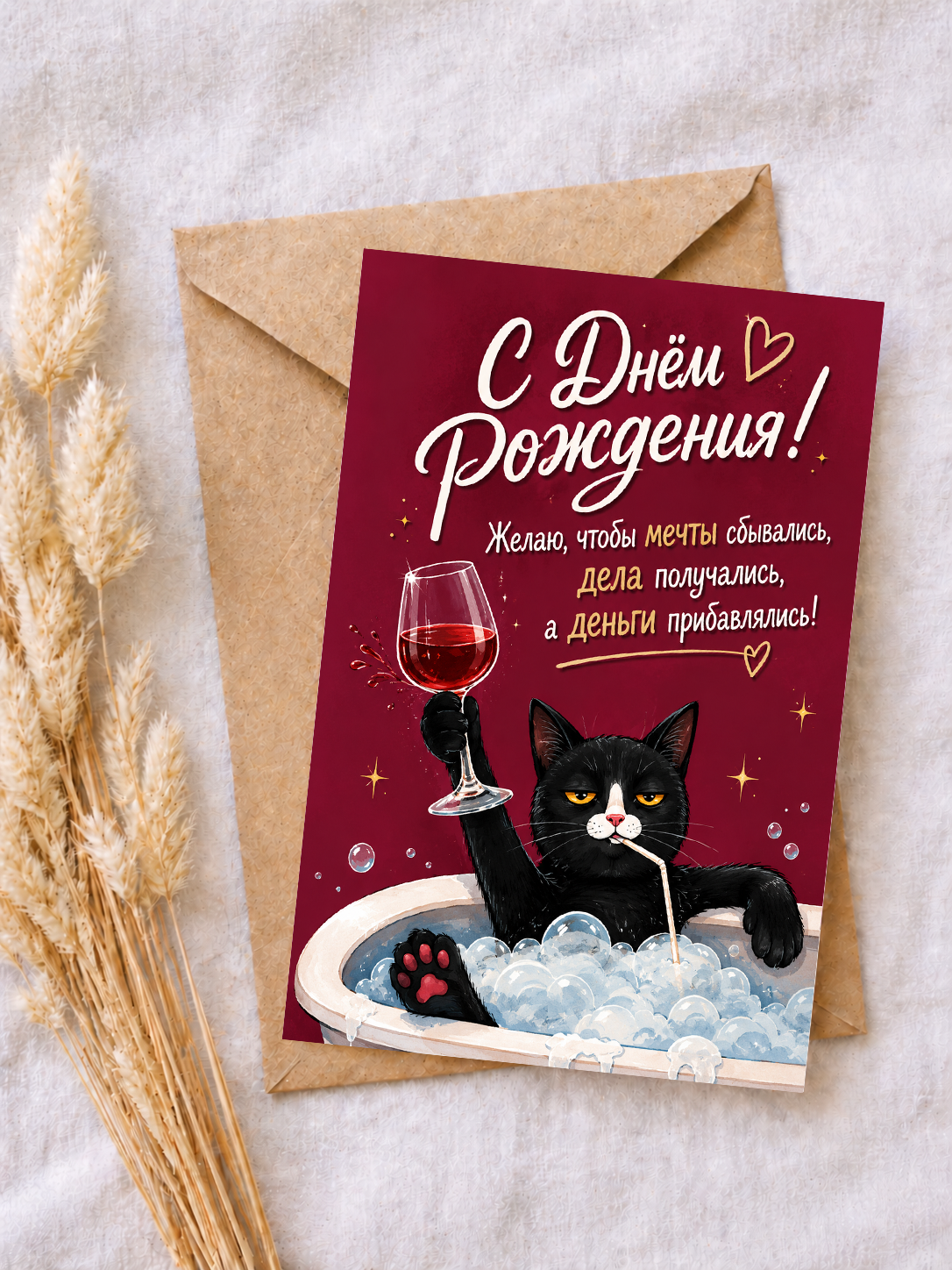 Открытка «С Днём Рождения» 10х15 с крафт-конвертом, прикольный кот в ванной с бокалом, пожелание денег и исполнения мечт