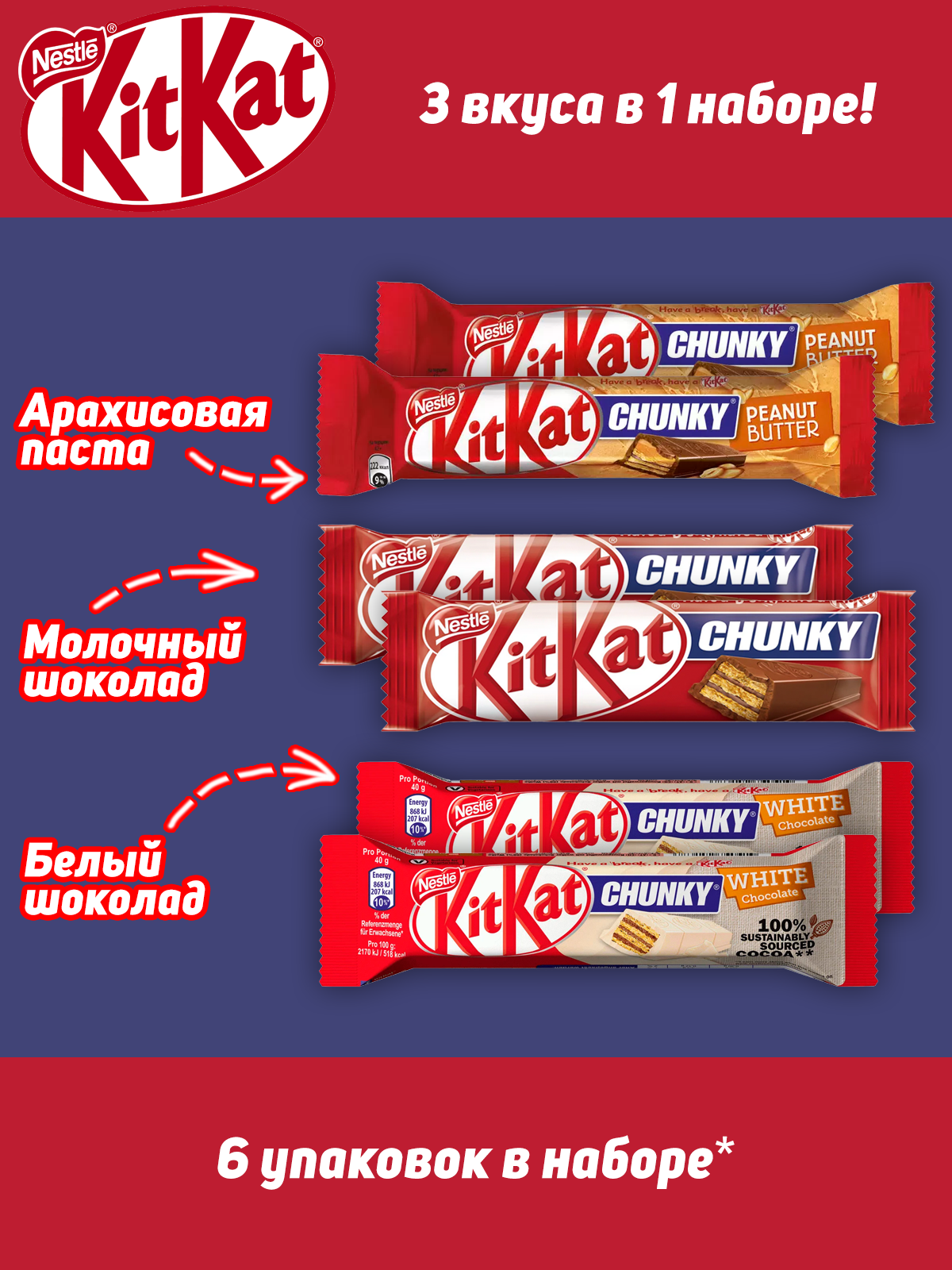 Набор шоколадных батончиков KitKat "Chunky", 3 вкуса, в флоу-паке, 40 г