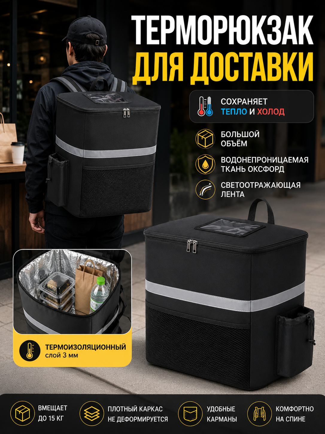 Чёрный термоизоляционный ящик большого объёма 40х40х25 для доставки еды и кемпинга