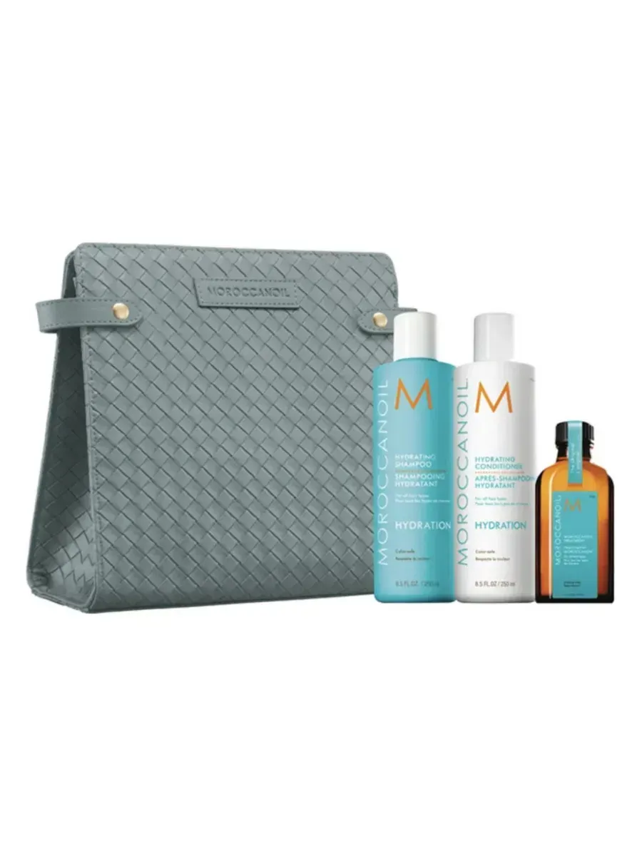 Набор Moroccanoil Весенний в серой косметичке Hydration: шампунь, 250 мл + кондиционер, 250 мл + масло, 50 мл