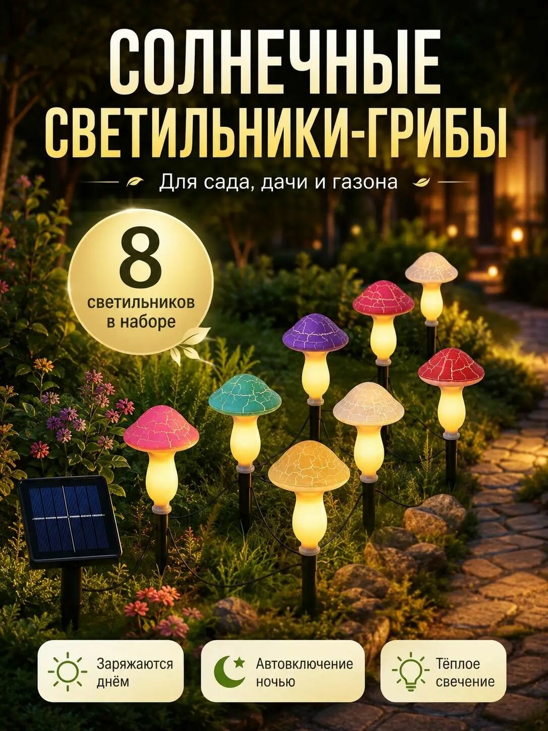 Светильник садовый на солнечной батарее уличный Грибочки для дачи-yw