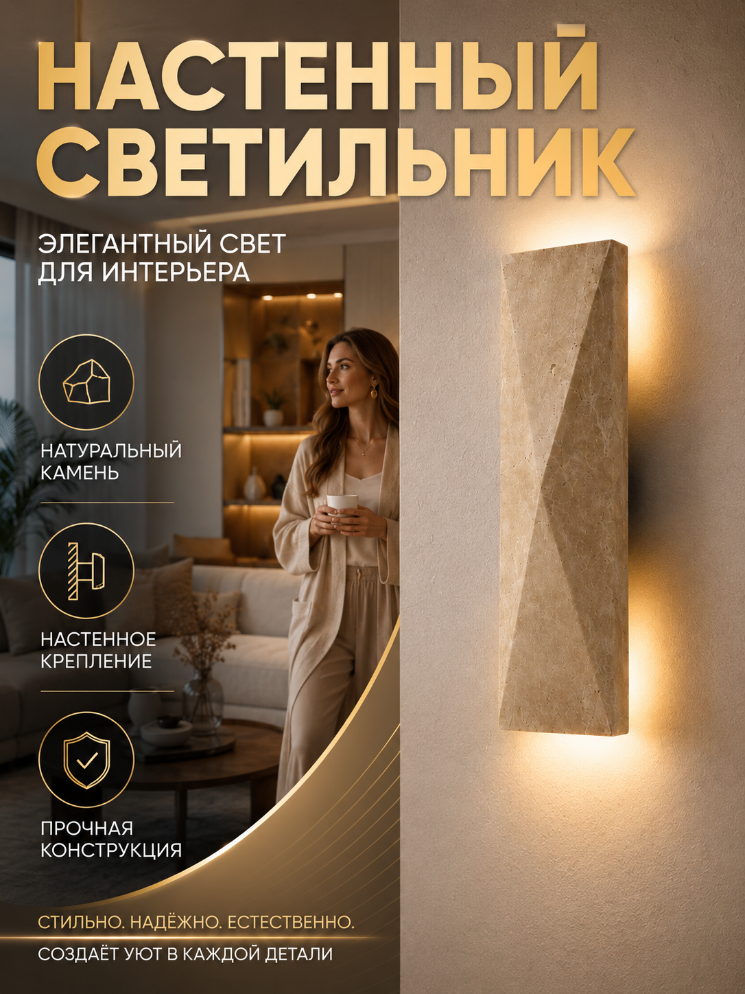 Бра вертикальный из травертина, геометрический настенный светильник с двусторонним светом для декоративного освещения спальни и прихожей