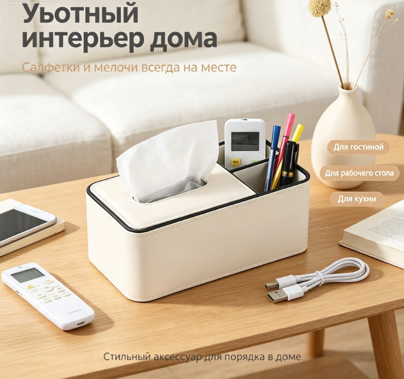 Многофункциональная коробка для салфеток с отделениями, органайзер для пультов и канцелярских принадлежностей на стол