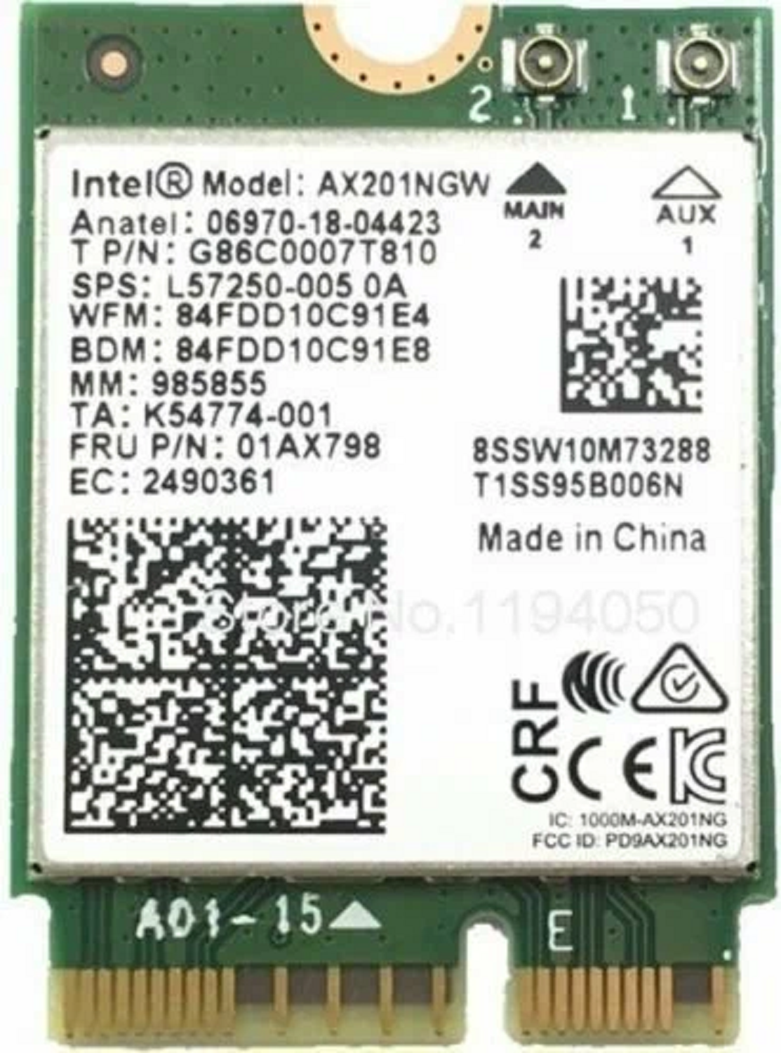 Сетевая карта Intel AX201. NGWG. NVW 999TD0 Wi-Fi 6 AX201, 2230, 2x2 AX+BT, No vPro