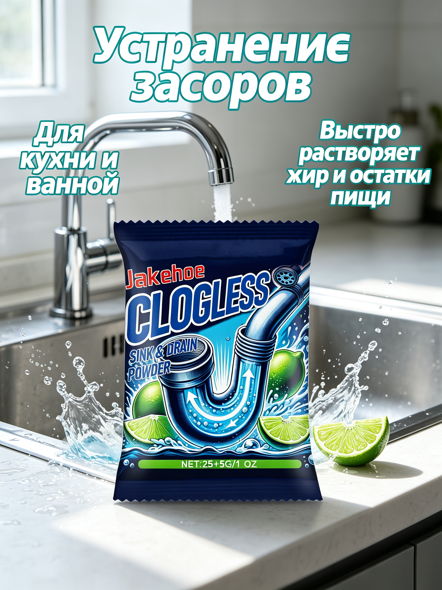 Порошок для дноуглубления трубопроводов JAKEHOE для устранения засоров в трубопроводах и неприятных запахов, 30 г
