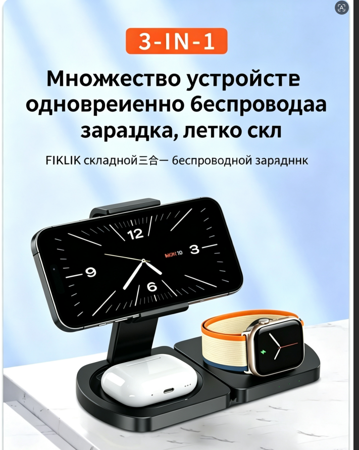 Беспроводная зарядная станция 3 в 1, телефон, часы, гарнитура, портативная зарядка, черная
