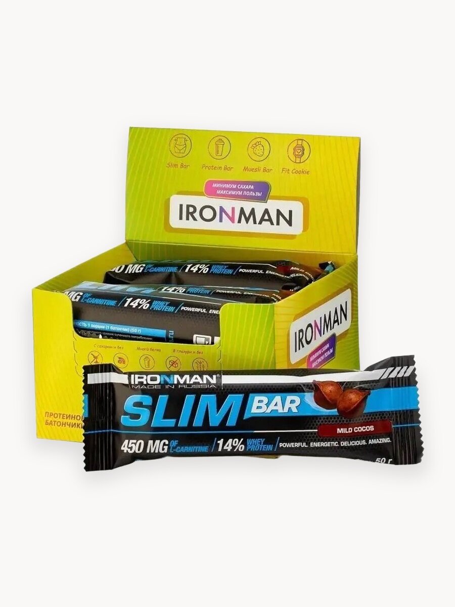 Протеиновые батончики IRONMAN SLIM BAR, с L-карнитином, кокос 12 шт