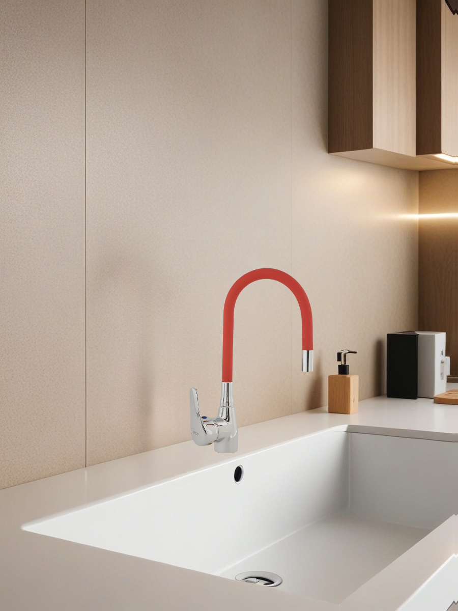 Смеситель ARCO кухня 40 мм, ручка боковая, с гайкой, гибкий излив красный