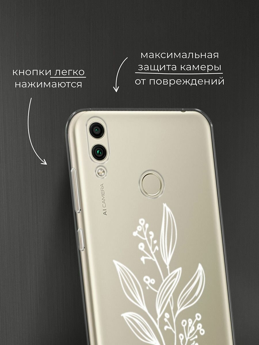 Чехол на Honor 8C / Хонор 8С с принтом "Ветка с листочками и цветами", прозрачный — фото 1