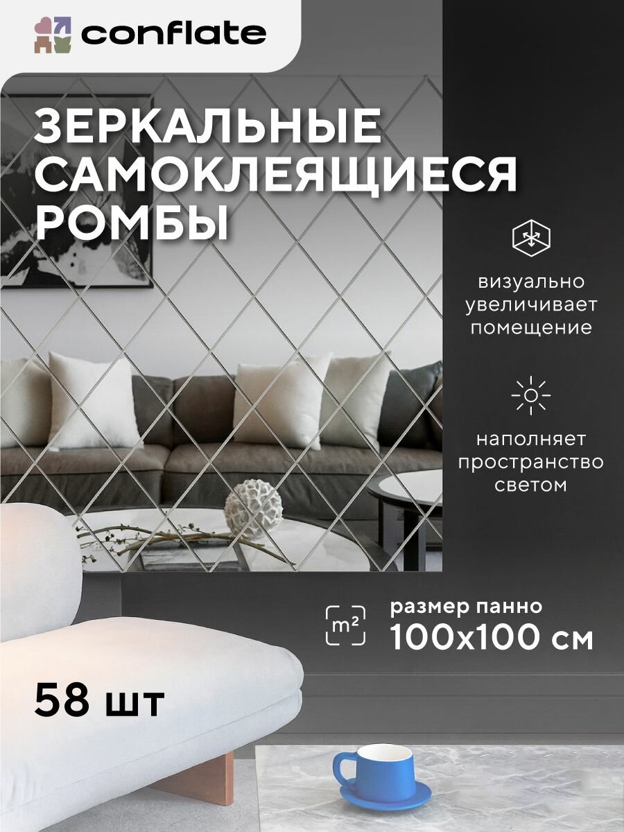 Зеркальные наклейки для интерьера серебряные / зеркальное панно на стену 58 шт, 100 х 100 см, Conflate