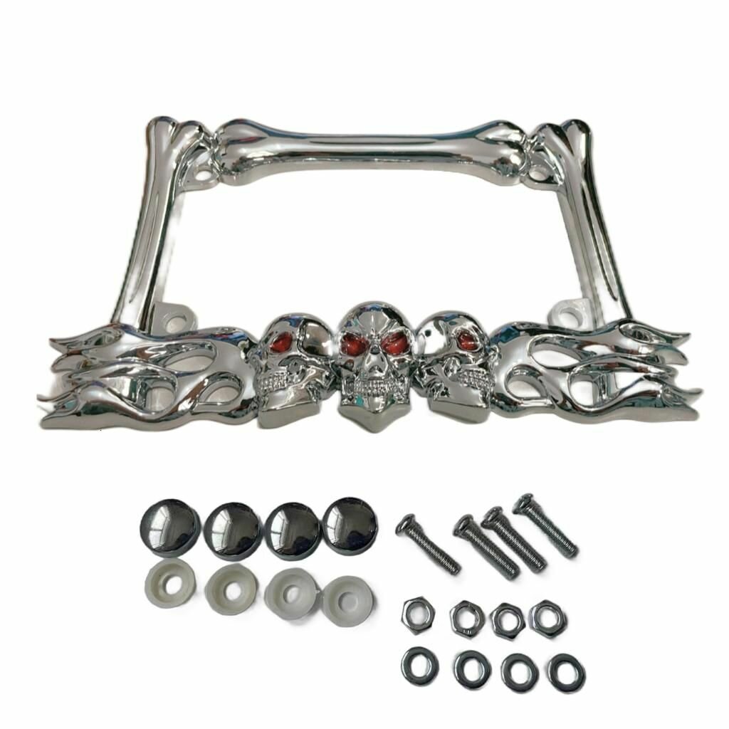 Рамка номерного знака мотоцикла с черепом Держатель номерного знака-Серебристый