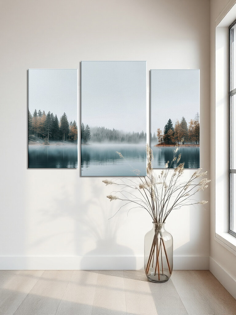 Картина модульная 100х70 см на натуральном холсте для интерьера/ Рассвет на озере, Diva Kartina