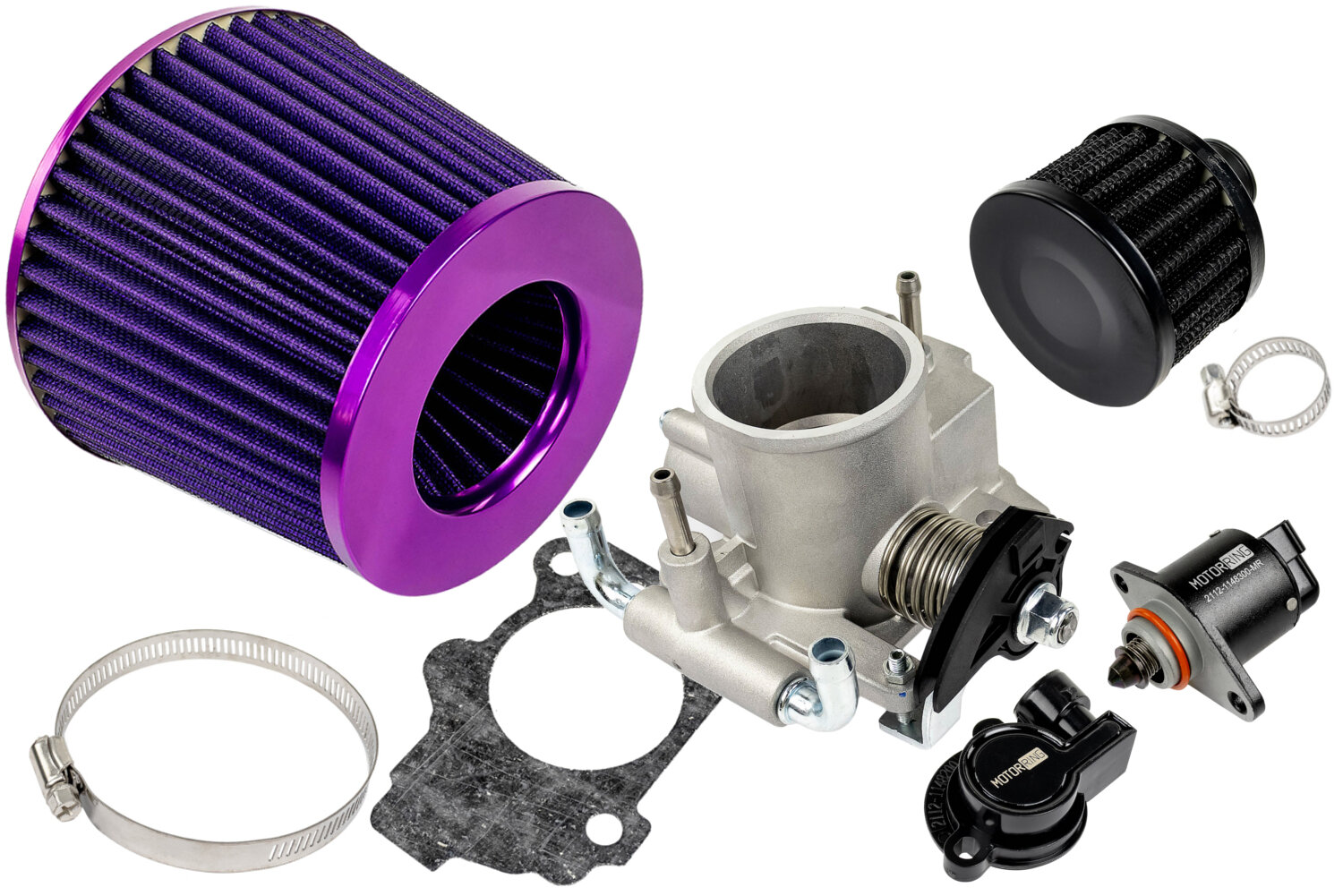 Комплект системы впуска MR нулевого сопротивления (фиолетовый воздушный фильтр, черный фильтр картерных газов, дроссельная заслонка 56мм, прокладка, датчик положения заслонки, РХХ) для ВАЗ 2101-2107, 2108-21099, 2110-2112, 2113-2115, Лада Приора, Калина,