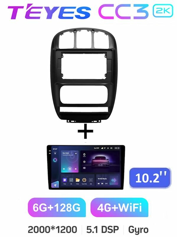 Магнитола Teyes CC3 2K 6/128 Gb 10" для Dodge Caravan 4, Chrysler Voyager, Town&Country 2000-2007 (B) 2 din