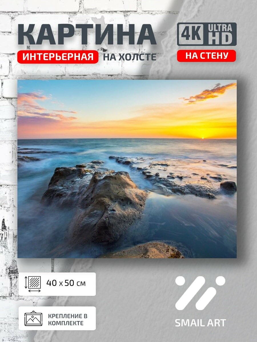 Картина на холсте интерьерная 40 на 50 на стену побережье Закат для кафе пейзаж