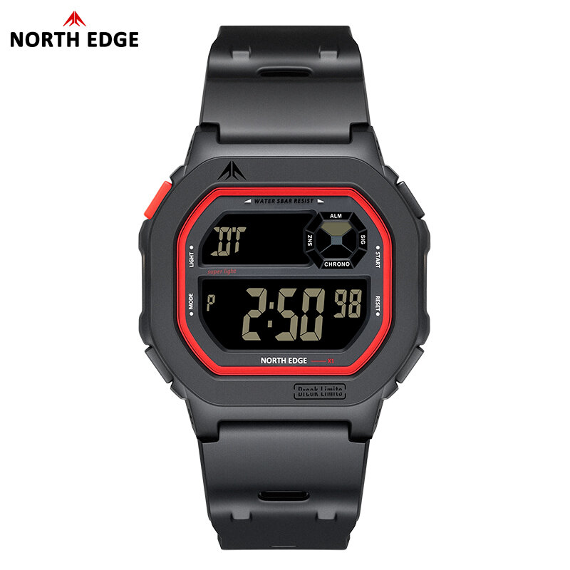 NORTH EDGE X1 электронные часы с одиночным дисплеем квадратной формы многофункциональные водонепроницаемые светящиеся корпус 41.7×42.6мм ремешок 20мм вес 43г корпус ABS пластик задняя крышка 304L нержавеющая сталь водонепроницаемость 50 метров