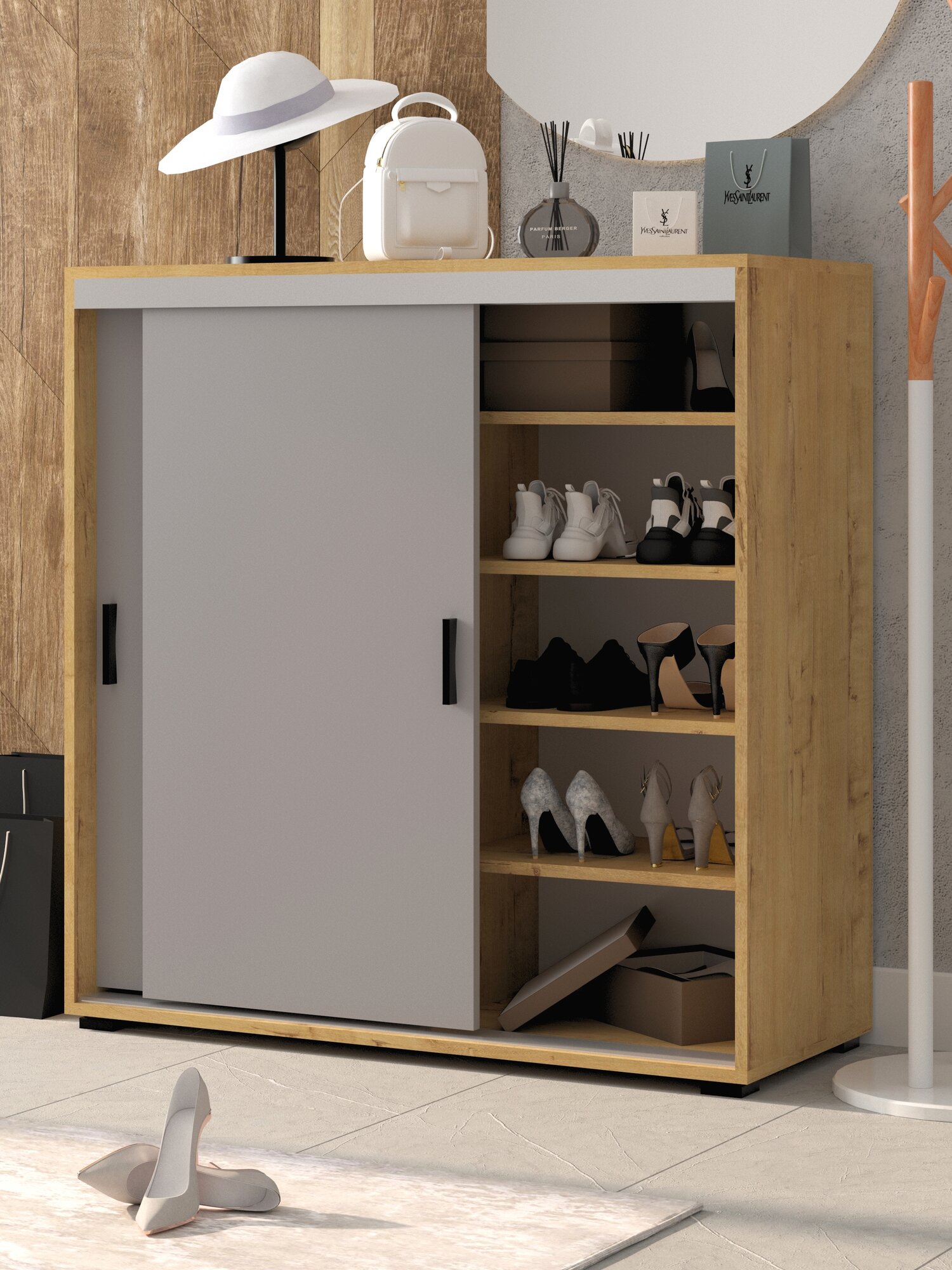 Есэндвич Депо-4 Тумба-купе для обуви с полками 100х102х40 см (Дуб бунратти/Вулканический серый)