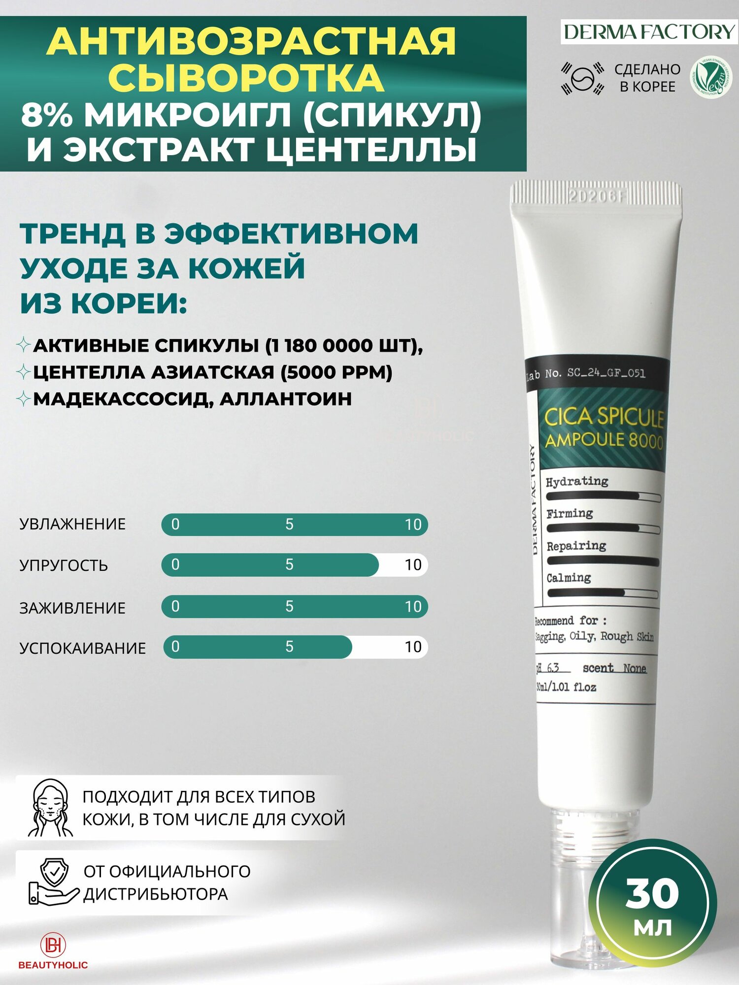 Антивозрастная сыворотка со спикулами (микроиглами) и центеллой азиатской Derma Factory CICA SPIKULE AMPOULE 8000, заживляющая, увлажняющая, 30 мл, Корея