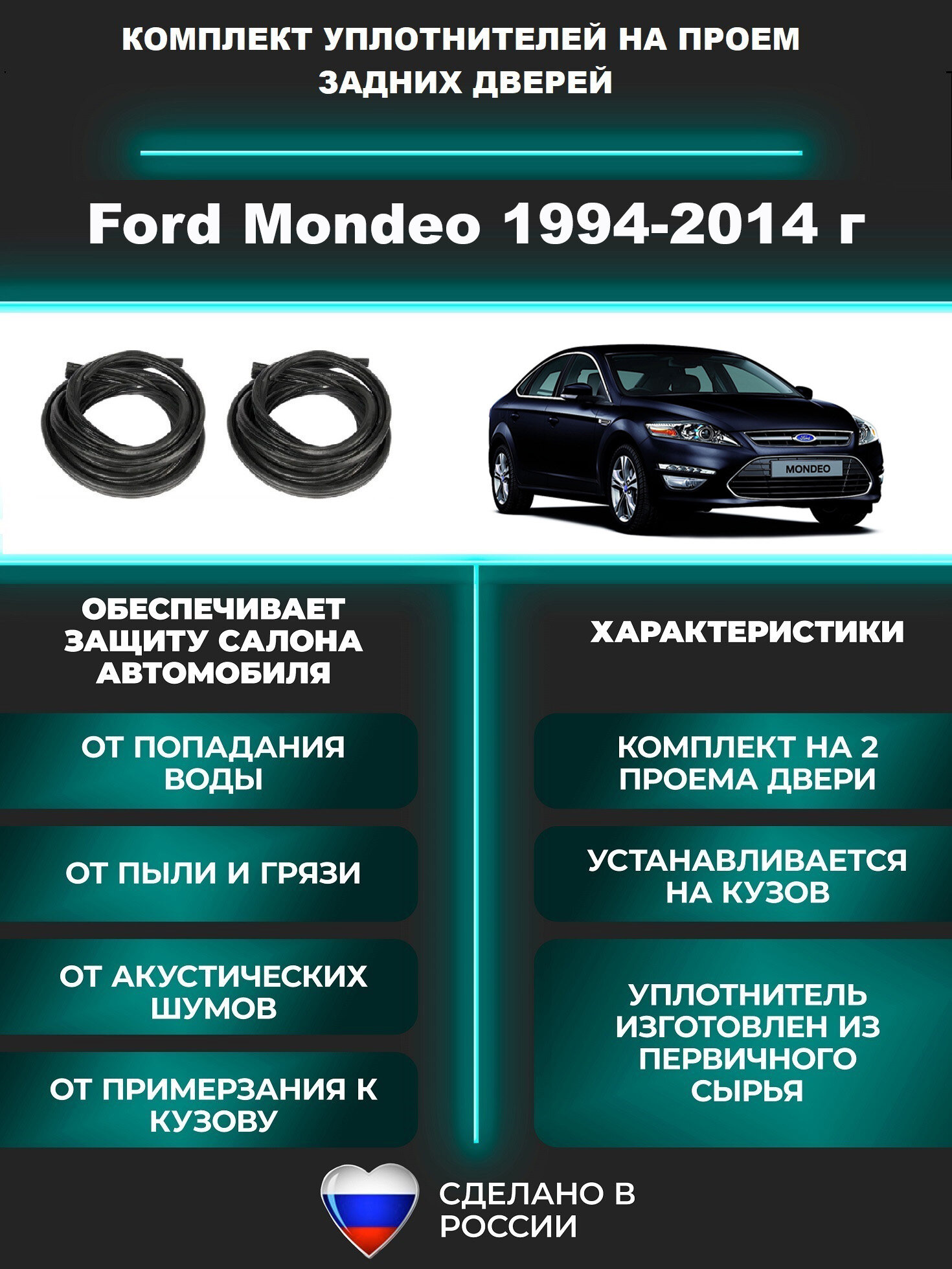 Комплект уплотнителей проема задних дверей Ford Mondeo 1994-2014 г. / на заднюю правую и левую пассажирскую дверь Форд Мондео - 2 шт