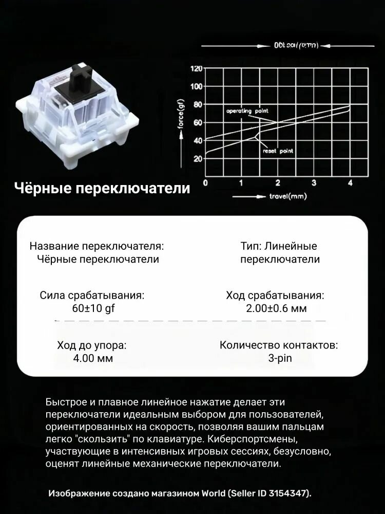 Свитчи чёрные, линейные для механических клавиатур, с светопроводом, 3-pin, 40 шт.