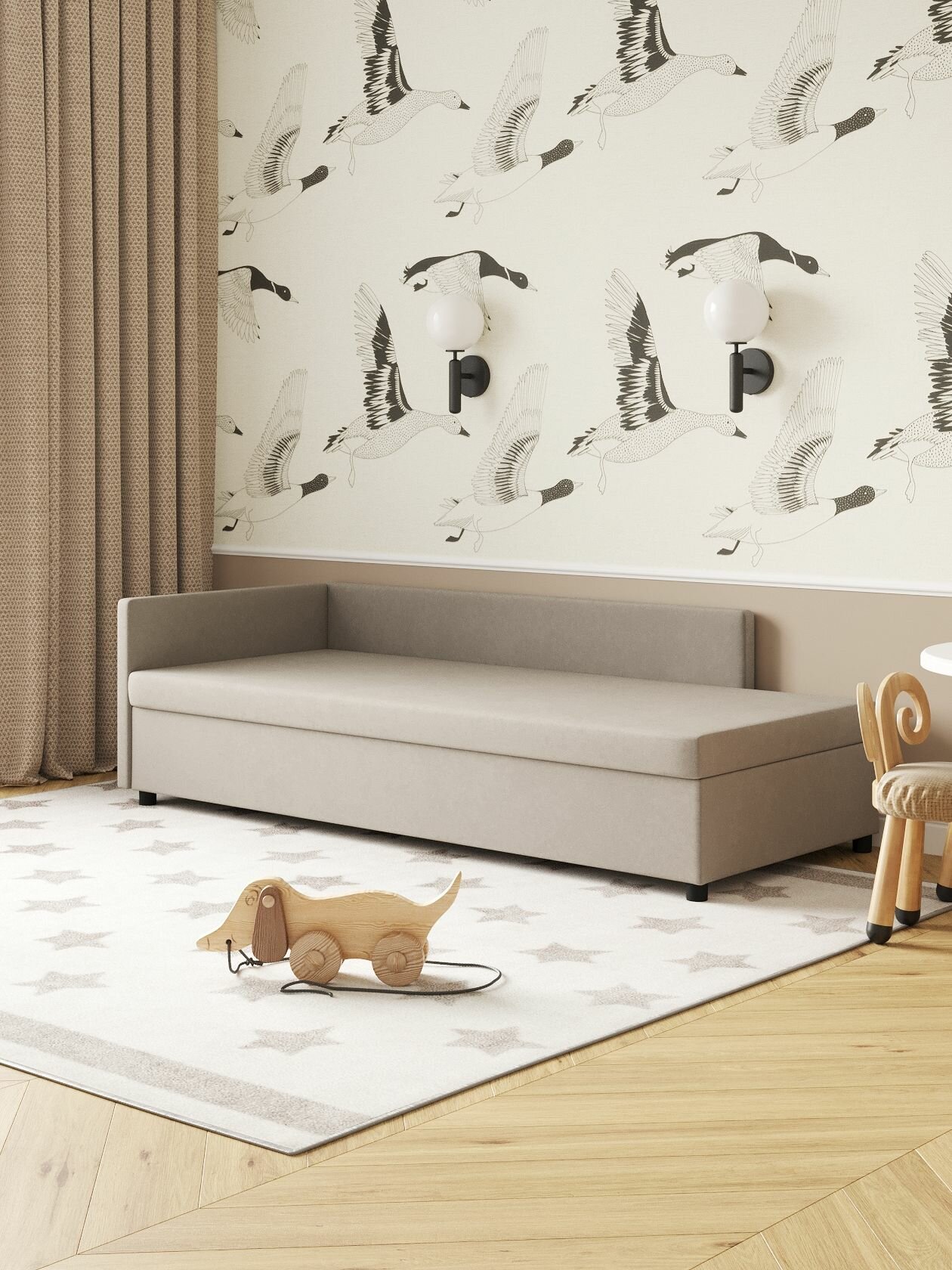 Прямой диван-кровать Дакс нераскладной, ящик для белья, 80х190 см спальное место, Бежевый, велюр Универсальное