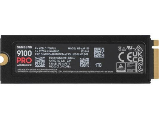 Твердотельный диск 1TB Samsung 9100 PRO, M.2, PCI-E 5.0 x4, TLC 3D NAND [R/W - 14800/13400 MB/s] с радиатором