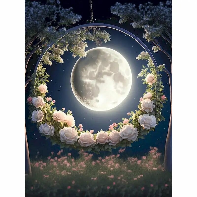 Набор для самостоятельной вышивки алмазами 5DЦветочный лунный пейзаж - круглая алмазная мозаика размером 40x50 см для украшения стен дома,40X50CM, белый