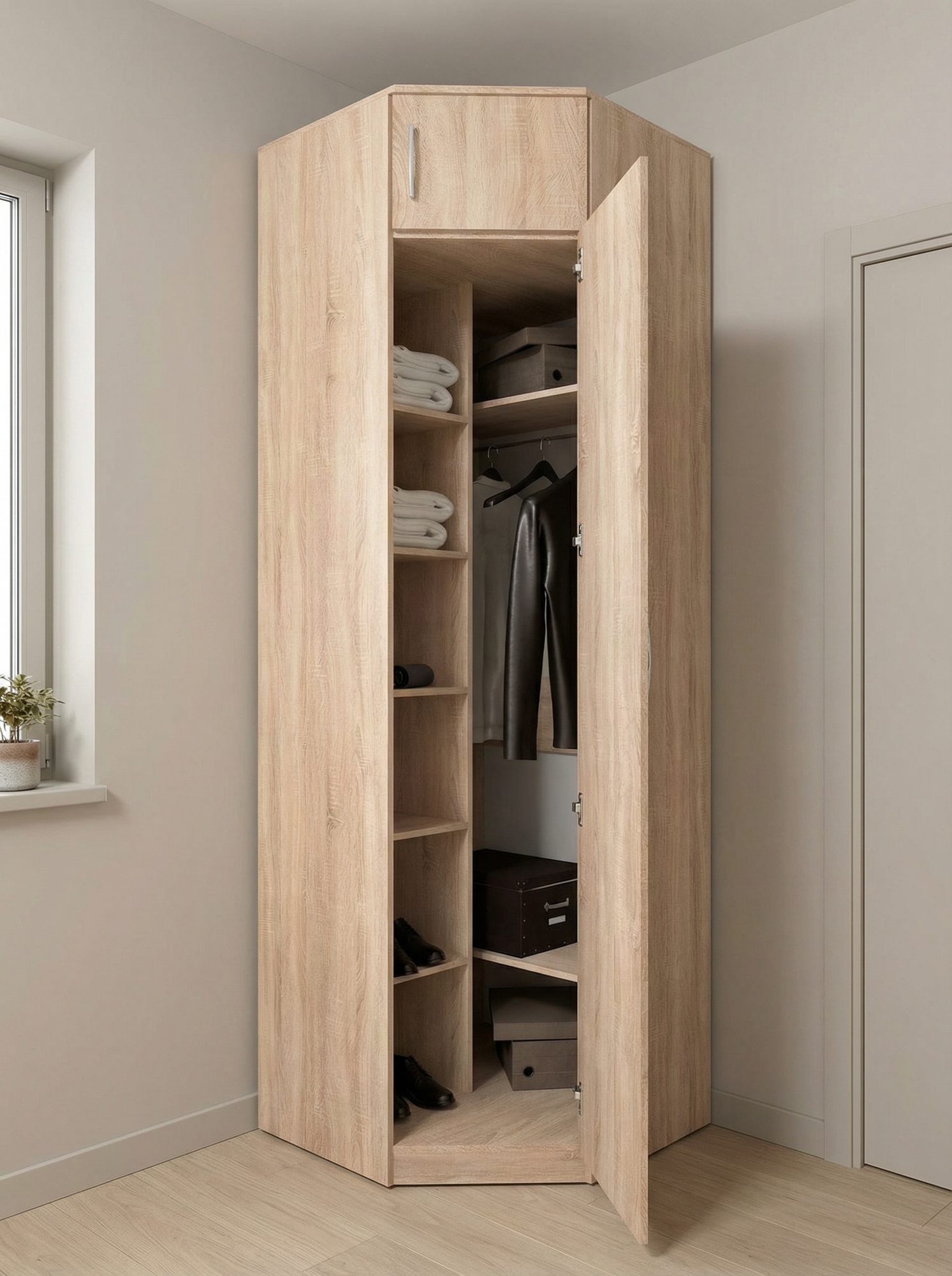 Шкаф угловой распашной Анри-11 с антресолью, 8 полками и штангой для вешалок, дуб сонома