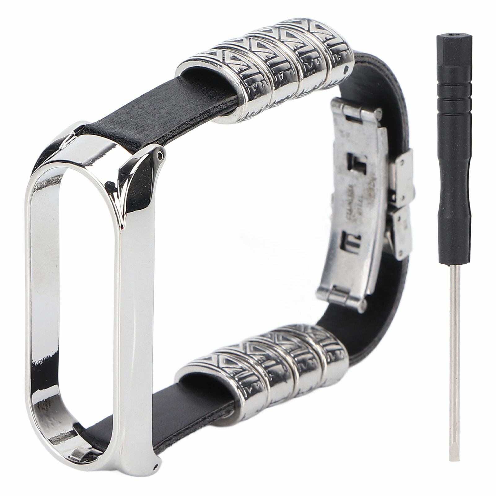 Ретро кожа Mi Band 5/6 NFC, чёрный/серебро, быстрая замена