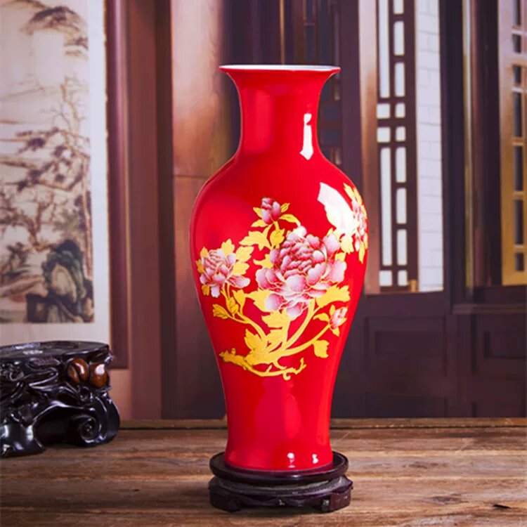 Золотая керамическая ваза с рисунком пионов, с подставкой, декоративный элемент для дома