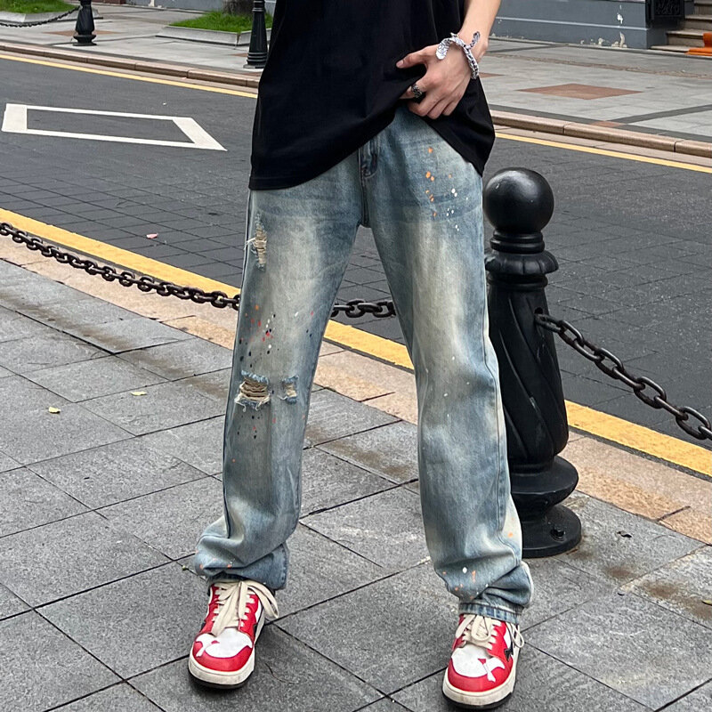 MON Джинсы Мужские Модные штаны с широкими ногами