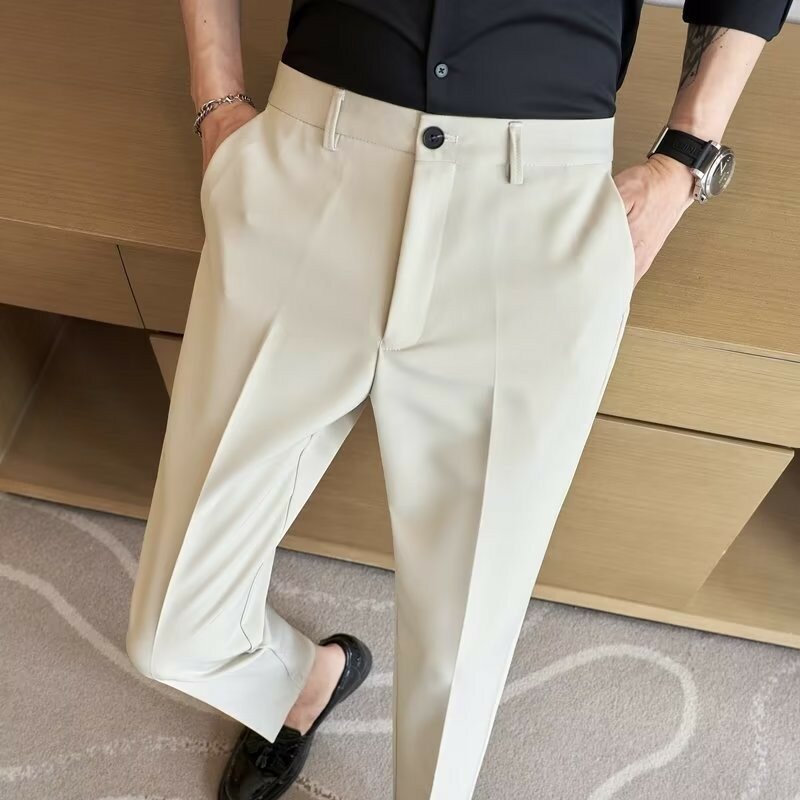 Тренд RONG CH Мужские Костюмные Брюки Кроп Слим Ледяная Шелк Деним, Размер_36