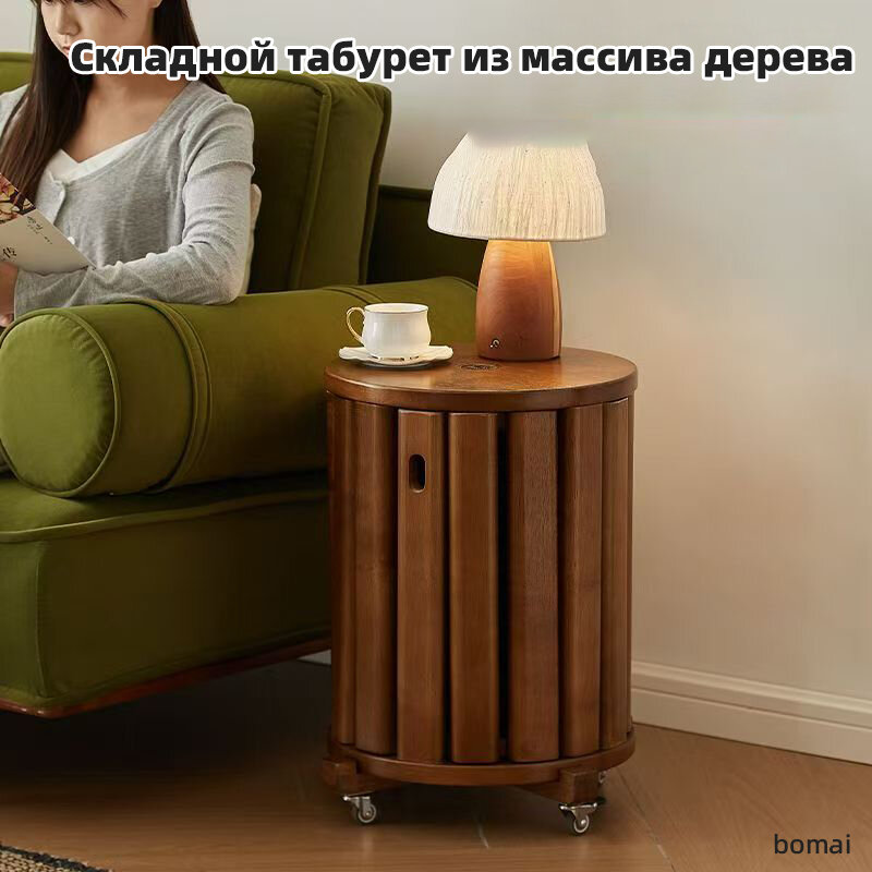 Складной табурет из массива дерева, с поворотными колёсами, универсальный круглый стул, резиновое дерево, 5 в 1