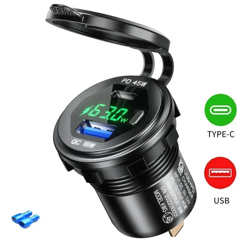 Алюминиевый адаптер для быстрой зарядки 3,0 и PD Dual USB Автомобильное зарядное устройство 12 В/24 В 63 Вт двойной USB гнездо мотоцикла Green PD QC