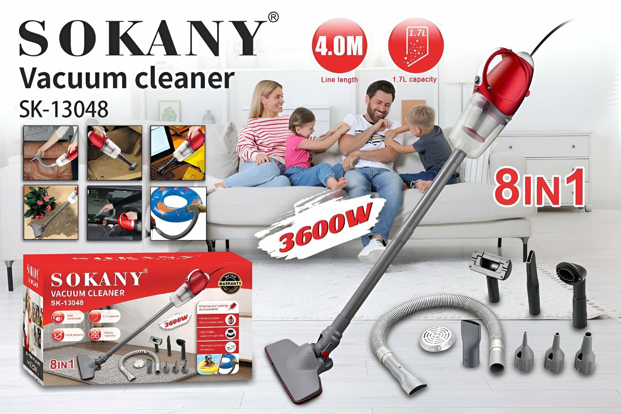 Мощный ручной пылесос Sokany 3600 Вт для дома и авто: 8 насадок в комплекте, проводной.