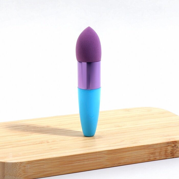 Спонж д/макияжа с пластик ручкой капля 10*2,5см латекс голубой/фиолет пакет QF, 2 штуки