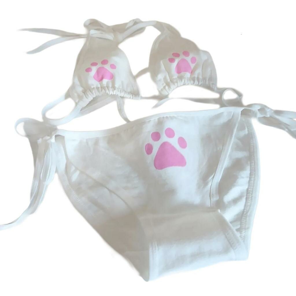 Набор белья с котятами, хлопок, трусы с боковыми завязками, бретели крест-накрест, Костюм с белой кошачьей лапой