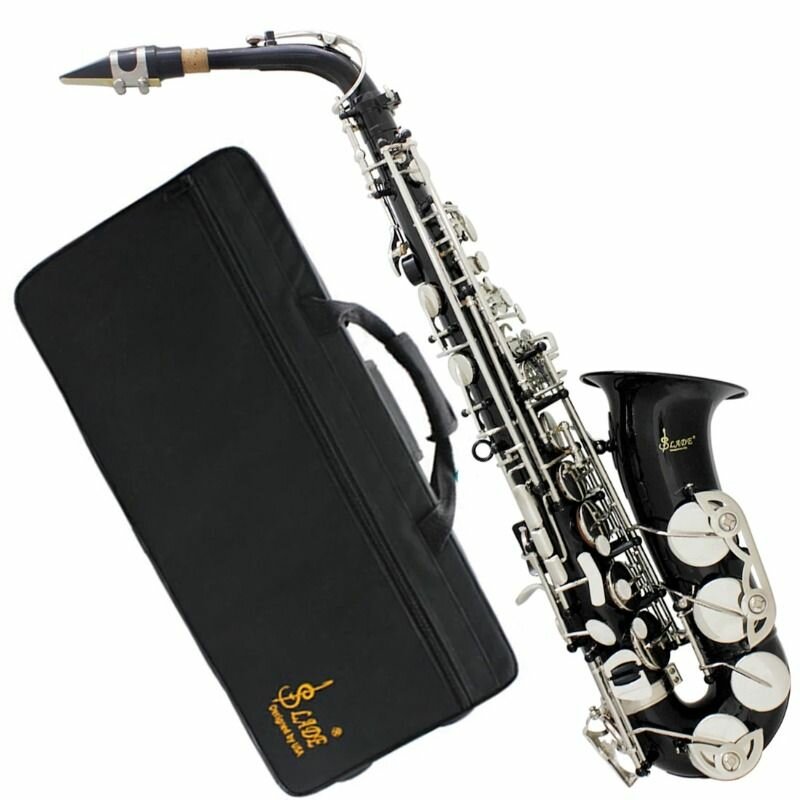 Чёрно-серебристый альт-саксофон ми-бемоль, изготовлен из латуни.