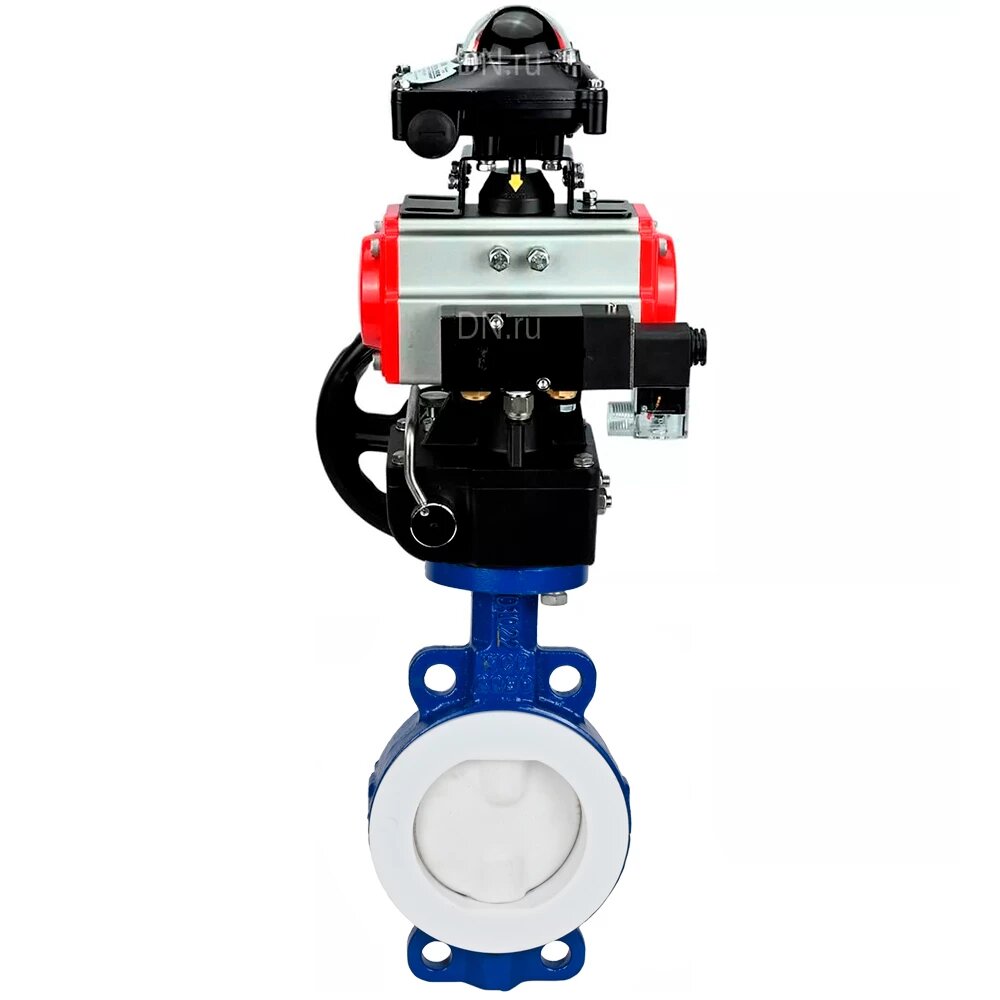 Затвор дисковый поворотный DN.ru WCB-WCB-PTFE-PTFE-Fb-H Ду65 Ру16 корпус углеродистая сталь WCB, диск углеродистая сталь WCB, футерованный PTFE, уплотнение PTFE, с пневмоприводом DA-065, пневмораспределителем 220VAC, БКВ LSB-210 и ручным дублером HDM-1