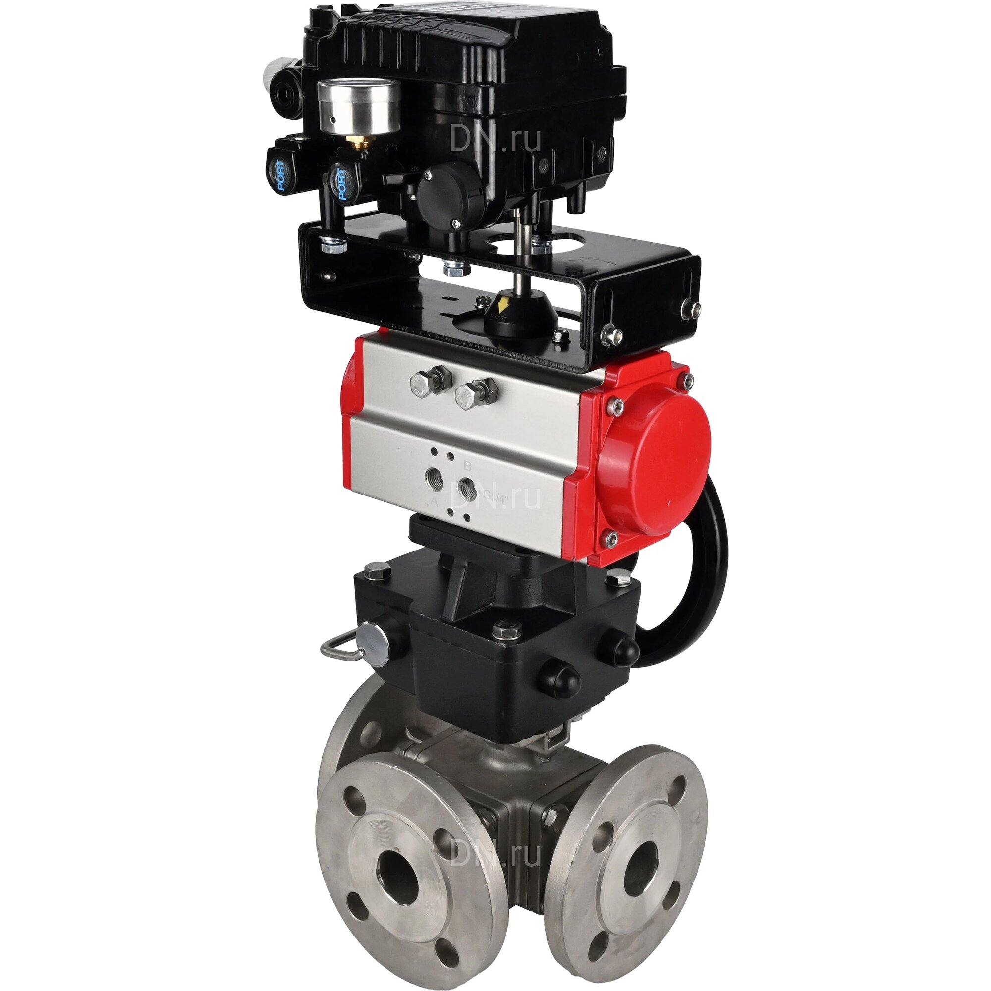 Кран шаровой DN.ru 316-316-PTFE Ду40 Ру16 полнопроходной, тип L, фланцевый, корпус - нержавеющая сталь SS316, ISO-фланец F05/F07 квадрат 14х14, с пневмоприводом DA-065 двойного действия, пневмопозиционером EPRP1-NU-Fb-08 и ручным дублером HDM-1