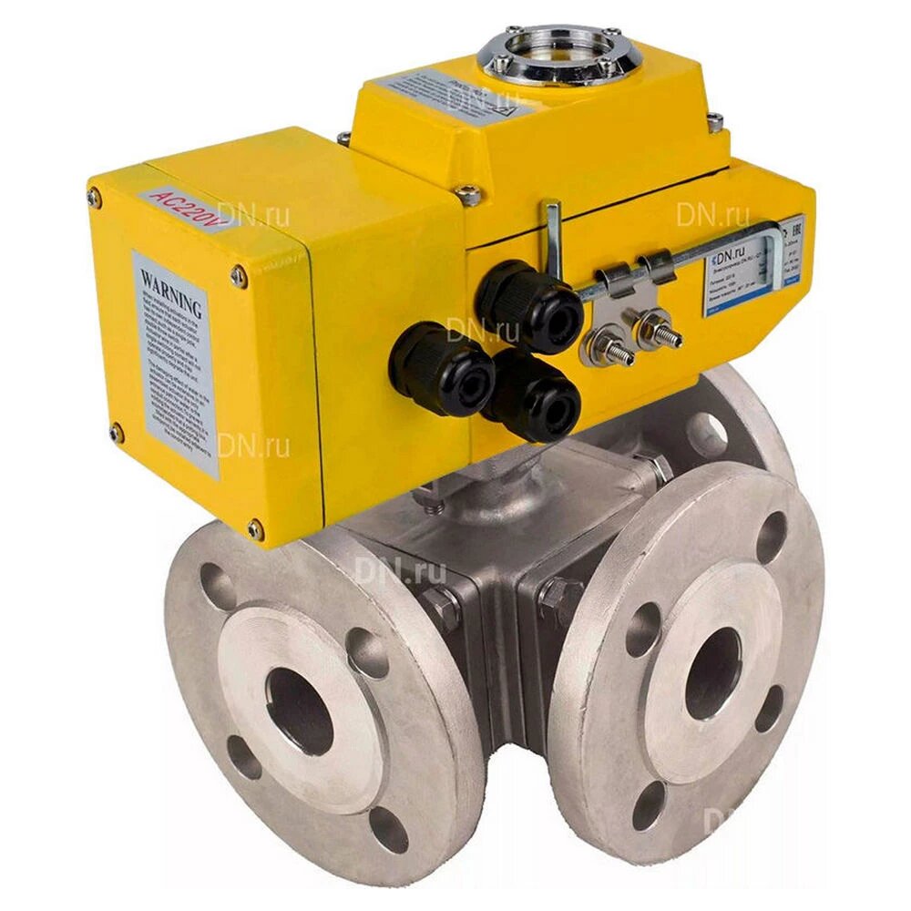 Кран шаровой DN.ru 316-316-PTFE L-тип Ду40 Ру16 полнопроходной трехходовой, нержавеющая сталь SS316, фланцевый, уплотнение - PTFE, с электроприводом четвертьоборотным DN.ru QT-005-220-4-20мА