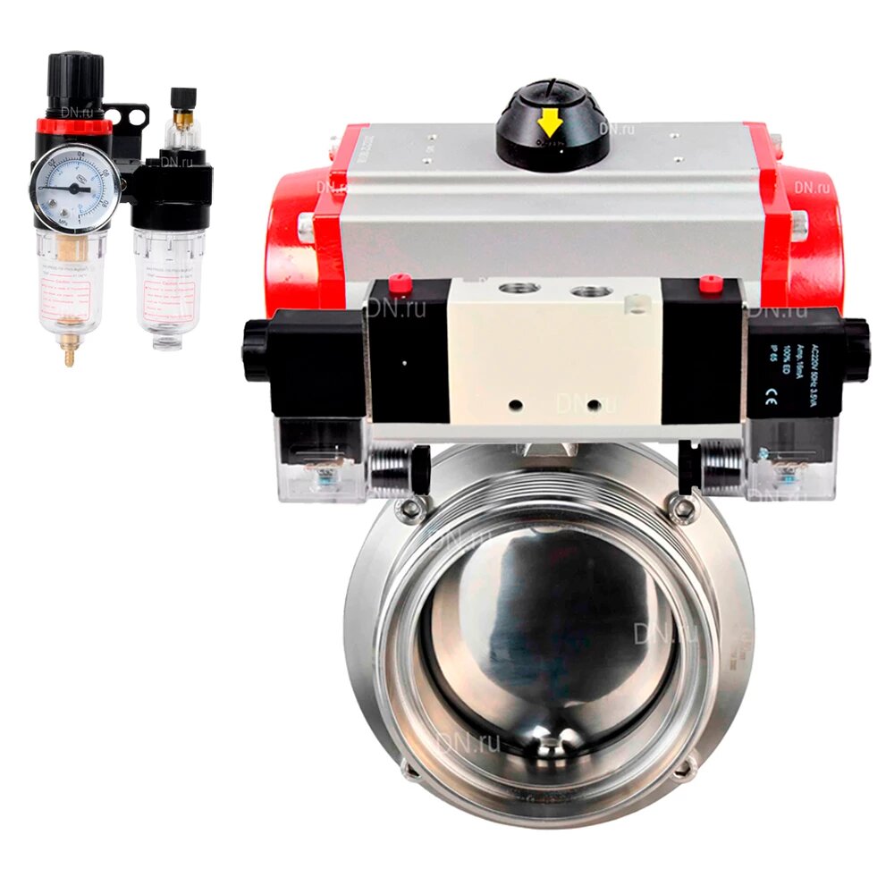 Затвор дисковый поворотный DN.ru 304-304-Sil-2W-T-H Ду100 Ру10 резьбовой, пищевая нержавеющая сталь 304, уплотнение – Silicon, с пневмоприводом DN. ru DA-052, пневмораспределителем DN. ru PND1-S2EM-52-2-T10-220VAC и БПВ DN. ru APU1-10-40-V08