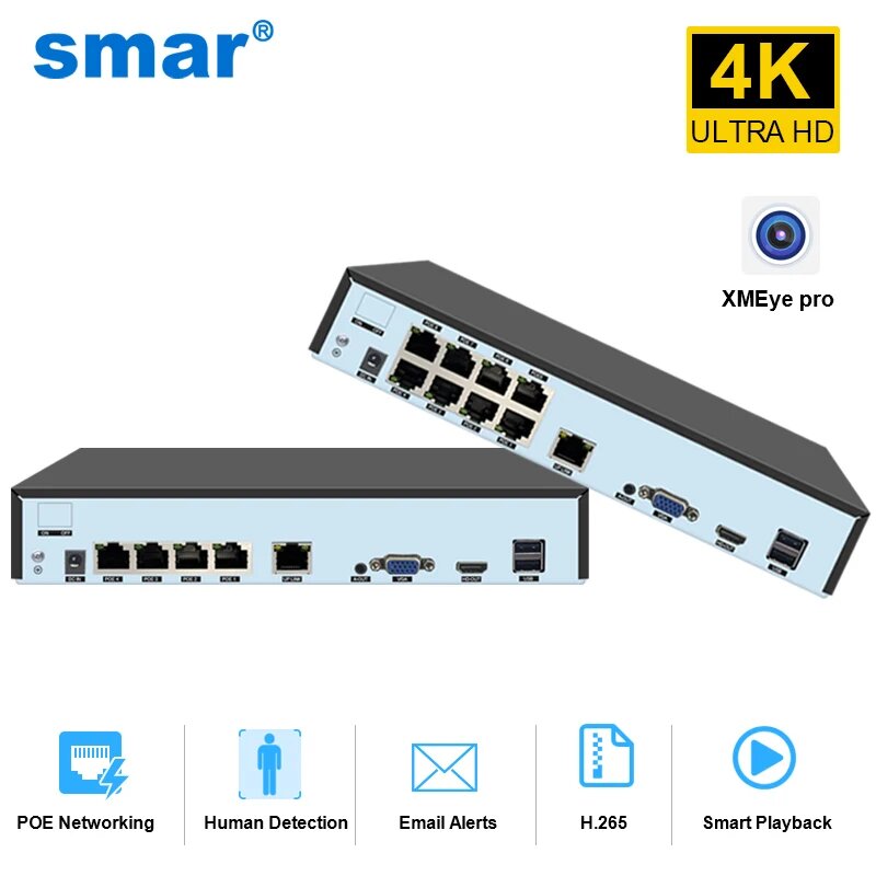 Сетевой видеорегистратор Smar 4K 8CH H.265, EU Plug