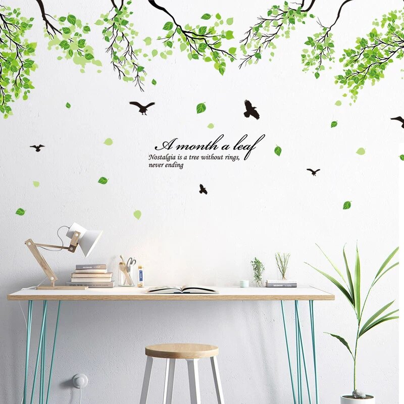 Свежий зеленый лист, пасторальная ветка, стикер на стену, гостиная, спальня, ТВ, фон, украшение стены, самоклеящиеся