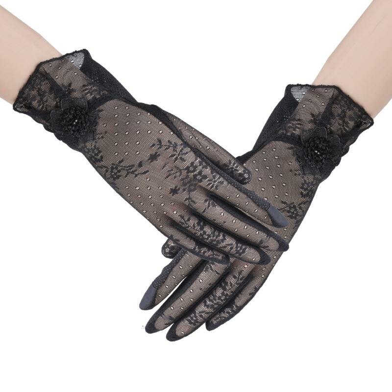 Летние короткие дышащие кружевные солнцезащитные перчатки camellia с сенсорным экраном-черный