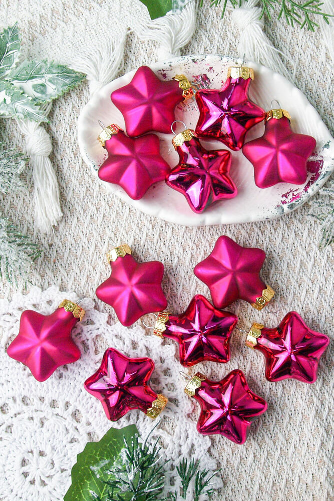 Набор ёлочных игрушек звёздочки мини, стекло, розовая азалия, глянцевые и матовые, 4.5 см, 12 шт, Kaemingk 012247